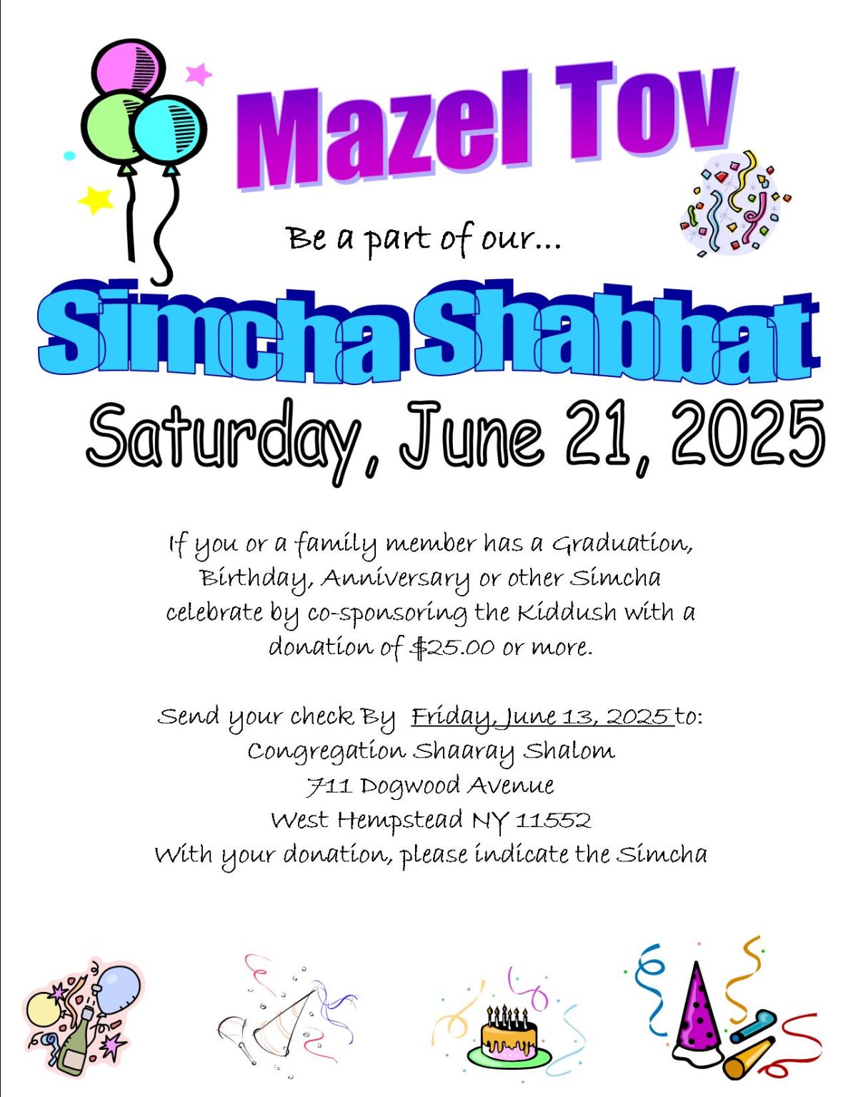 Simcha Shabbat Month of June | Congregation Shaaray Shalom - West Hempstead, NY